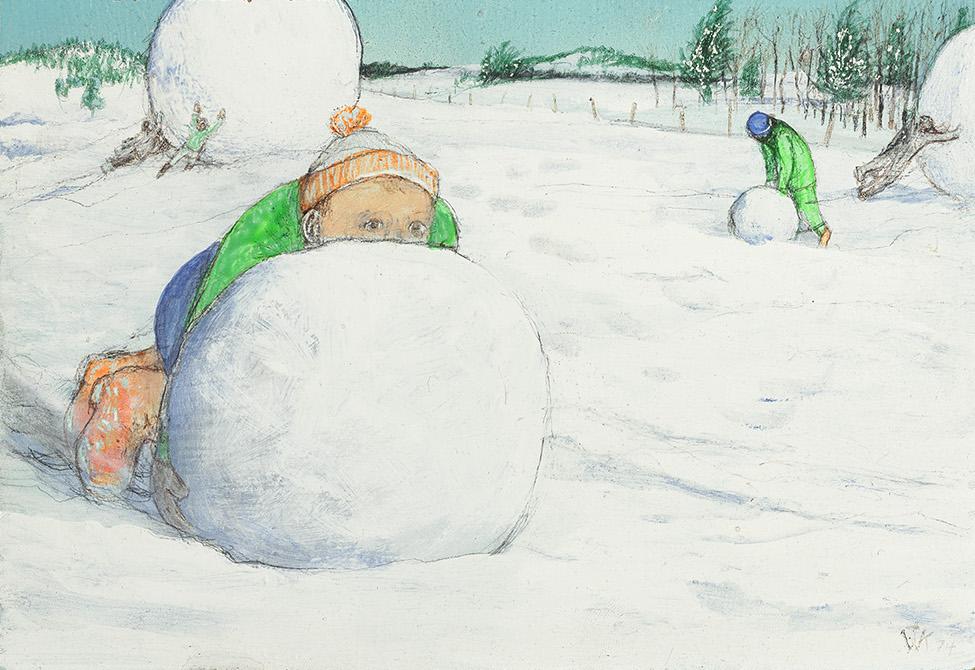 Newfie Joke (A boy peeping out from behind a snowball) | Loch Gallery